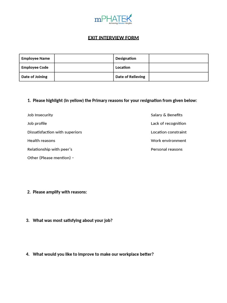 Exit Interview Form | PDF