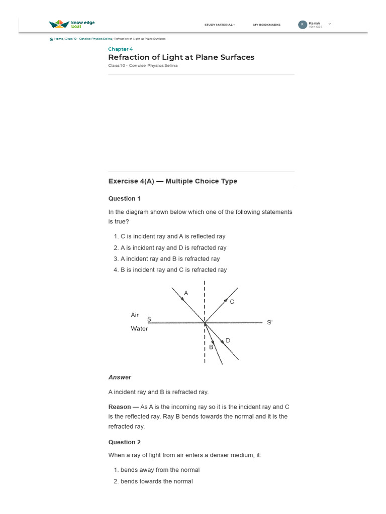 Chapter 4 - Refraction of Light at Plane Surfaces - Selina Solutions Concise Physics Class 10 ...