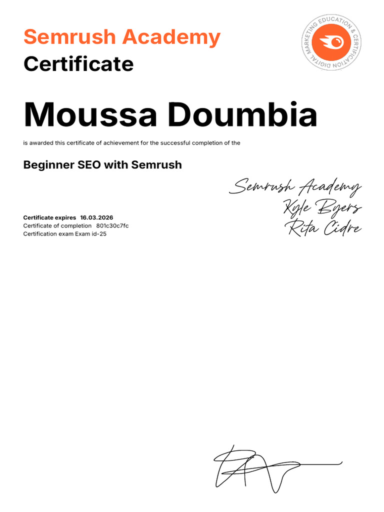 Moussa Doumbia: Certificate | PDF