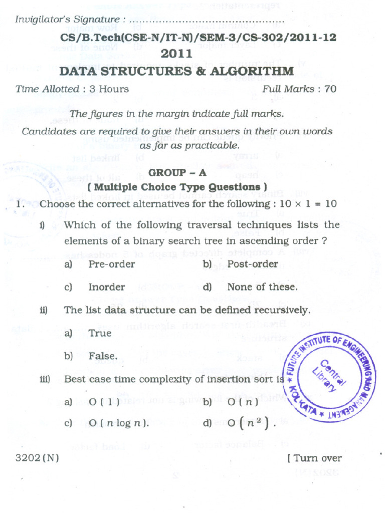 Data Structure and Algorithms - CS302 - 2011 | PDF