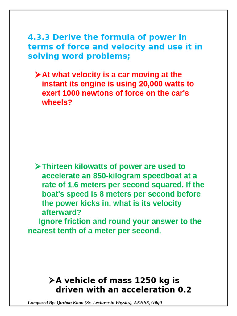 4.3.3 Word Problems Releated To Power F & Velocity | PDF