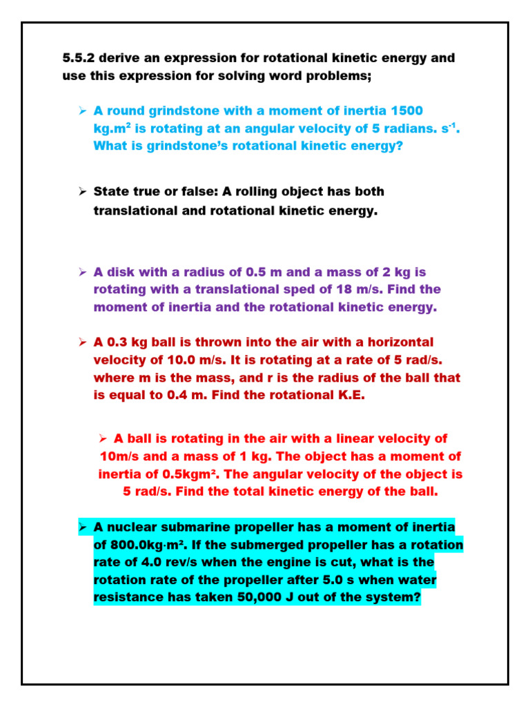 5.5.2 Rotational Kinetic Energy (Word Problems) PDF | PDF ...