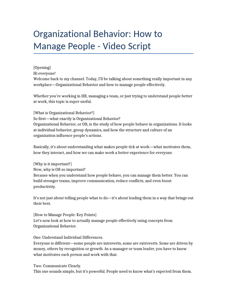 Organizational Behavior Video Script | PDF | Organizational Behavior ...
