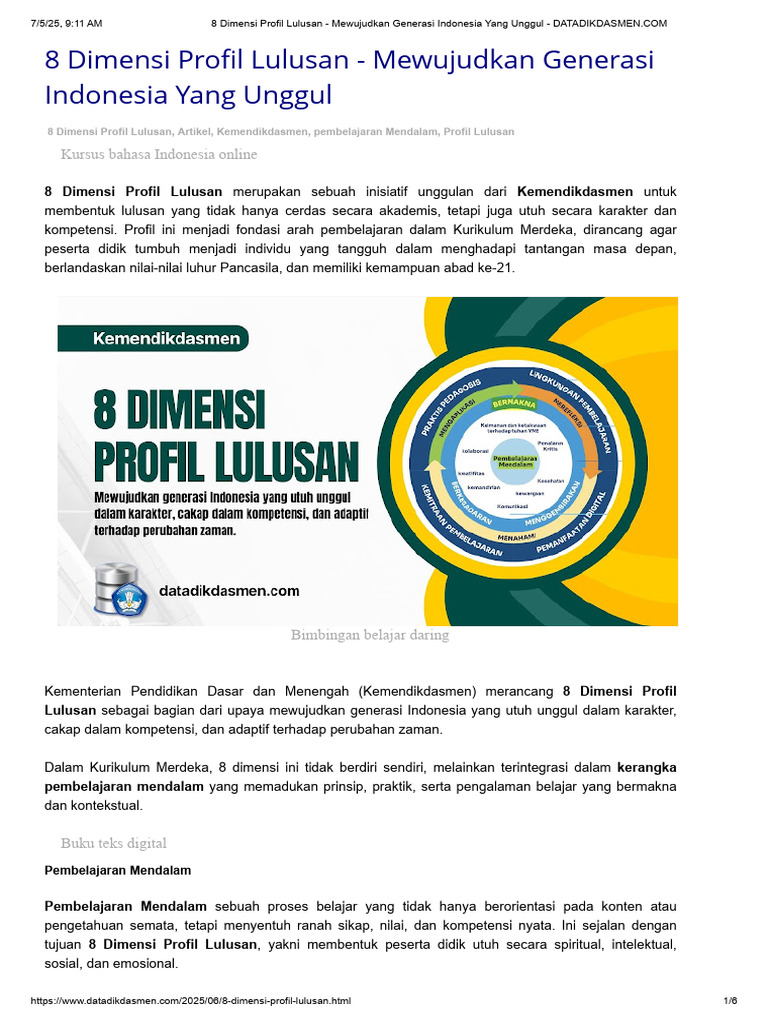 8 Dimensi Profil Lulusan - Mewujudkan Generasi Indonesia Yang Unggul | PDF