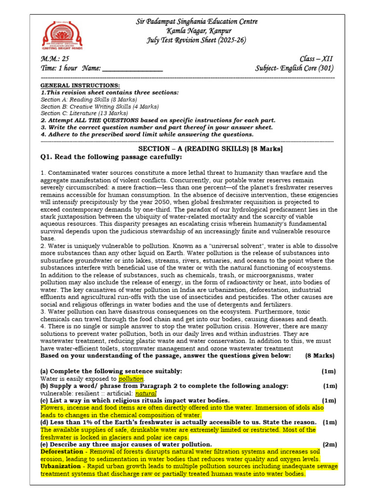 Answer Key - Model Paper - EnGLISH - P.T.-ii | PDF | Water Pollution ...