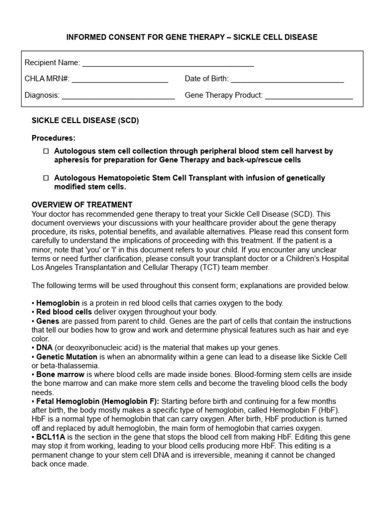 Sickle Cell Gene Therapy INFORMED CONSENT 5.2025 | PDF | Hematopoietic ...