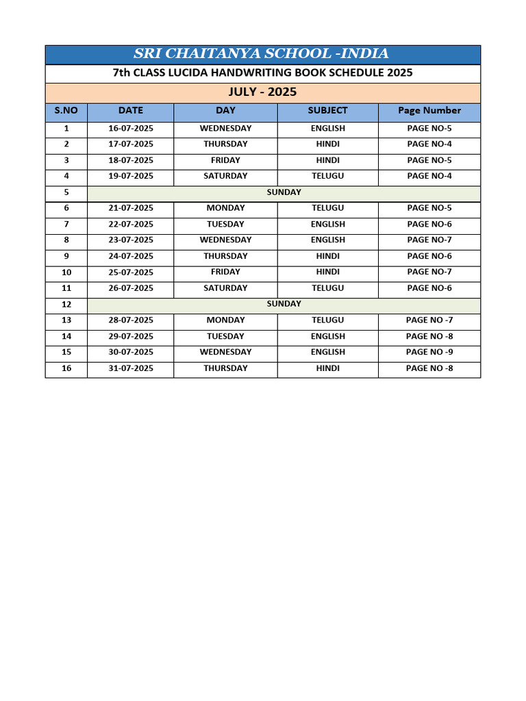 7th CLASS LUCIDA HANDWRITING BOOK SCHEDULE 2025 | PDF