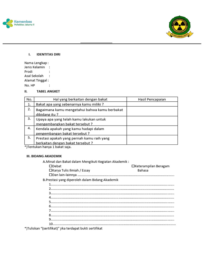 Formulir Bakat Mahasiswa Kesehatan | PDF
