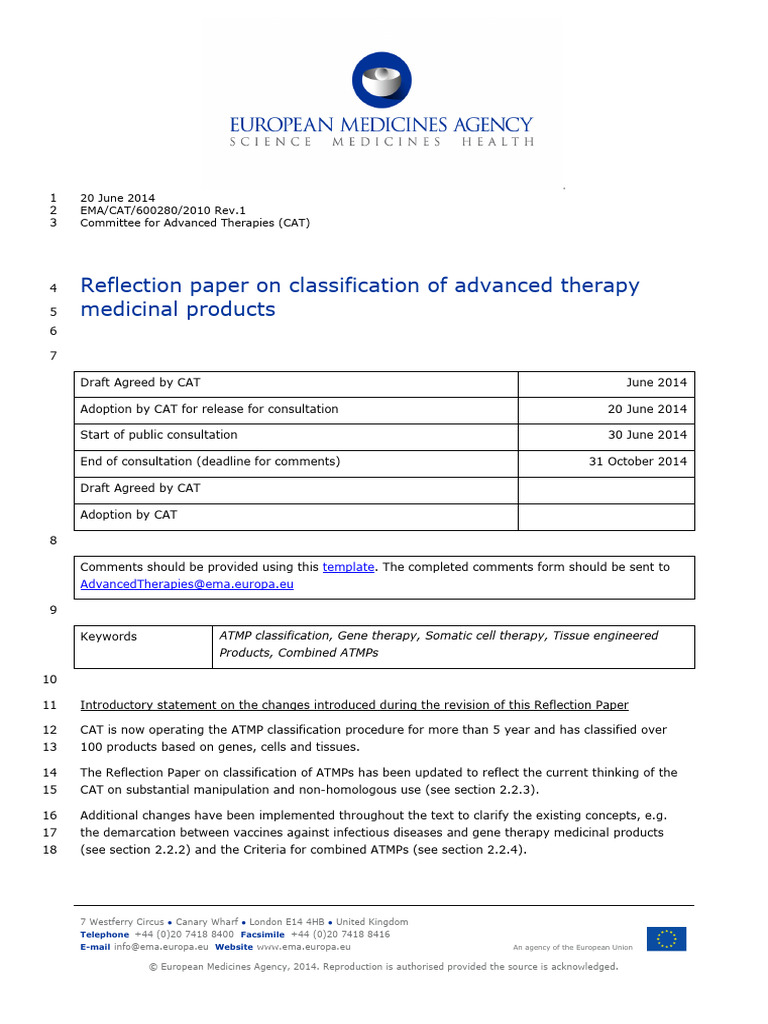 Draft Reflection Paper Classification Advanced Therapy Medicinal ...