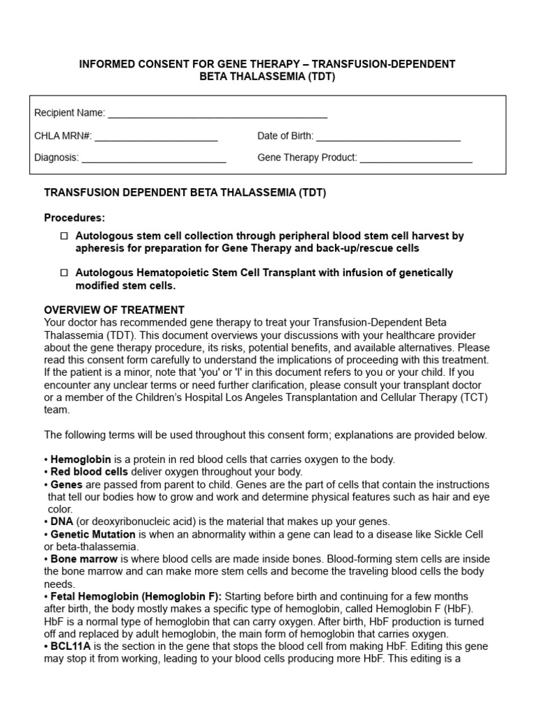 Informed Consent for TDT Gene Therapy | PDF | Hematopoietic Stem Cell ...