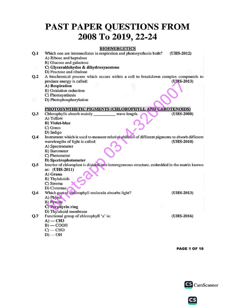 2 Bioenergetics Past MCQs + Key | PDF