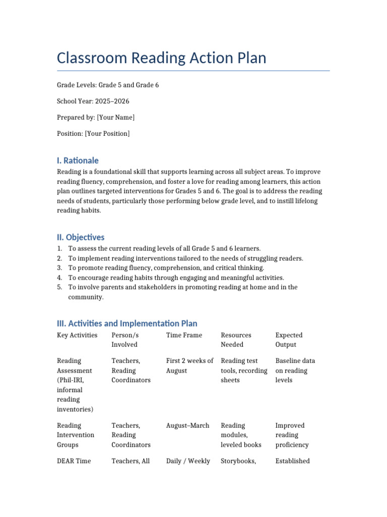 Classroom Reading Action Plan Grades5and6 | PDF | Reading Comprehension ...