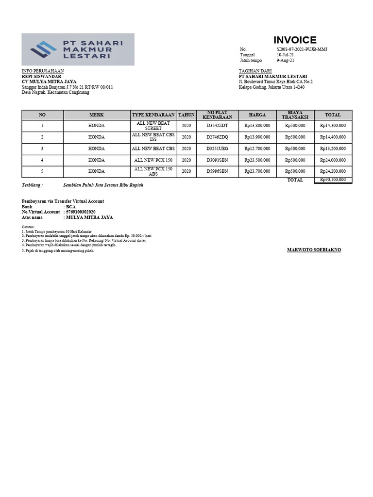 Contoh Invoice Pembelian Motor | PDF