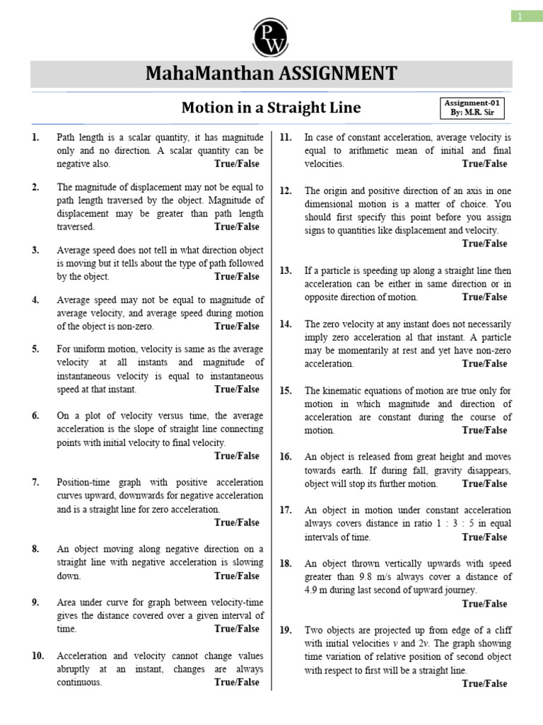 MahaManthan Assignment 01 Motion in A Straight Line Physics MR Sir ...