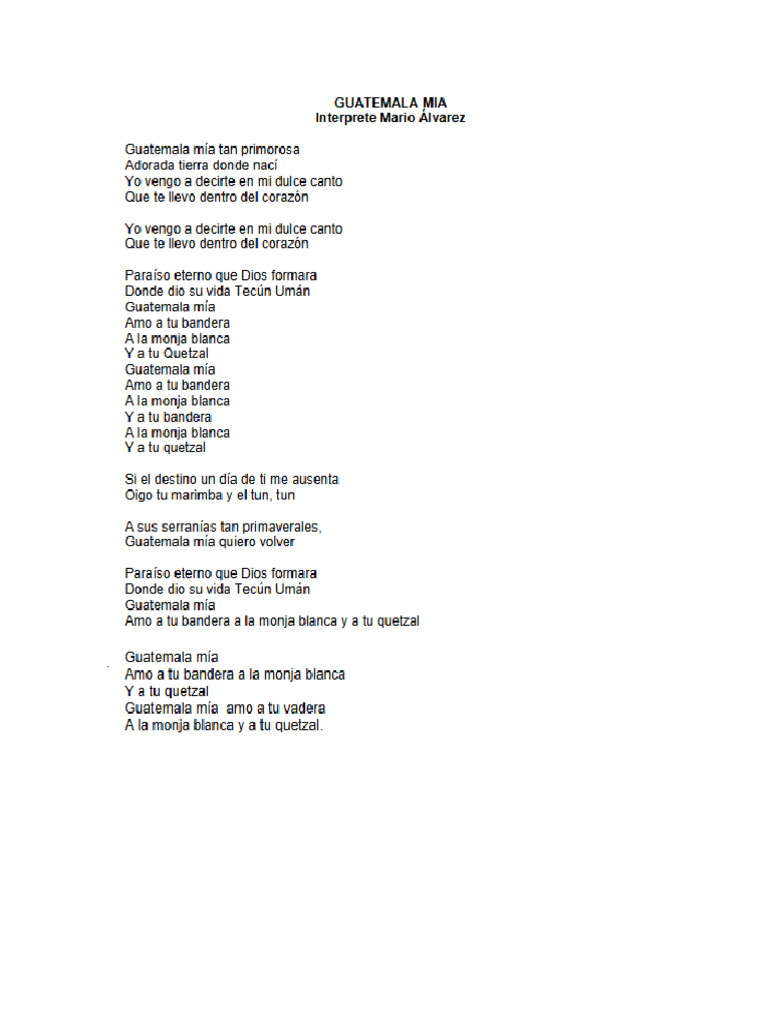 Letra de Canto Guatemala Mía | PDF