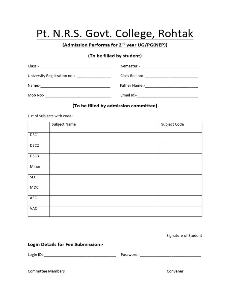 2nd Year Admission Form Template | PDF
