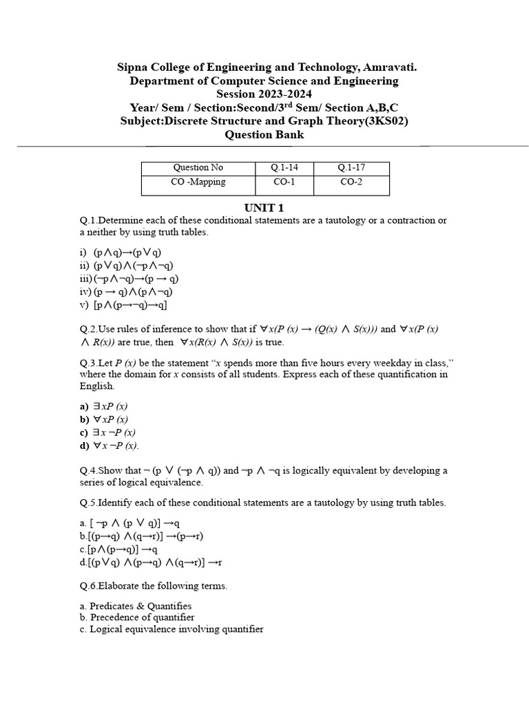 DIS> Question Bank Unit 1 and 2 2023-24 | PDF | First Order Logic | Mathematical Concepts