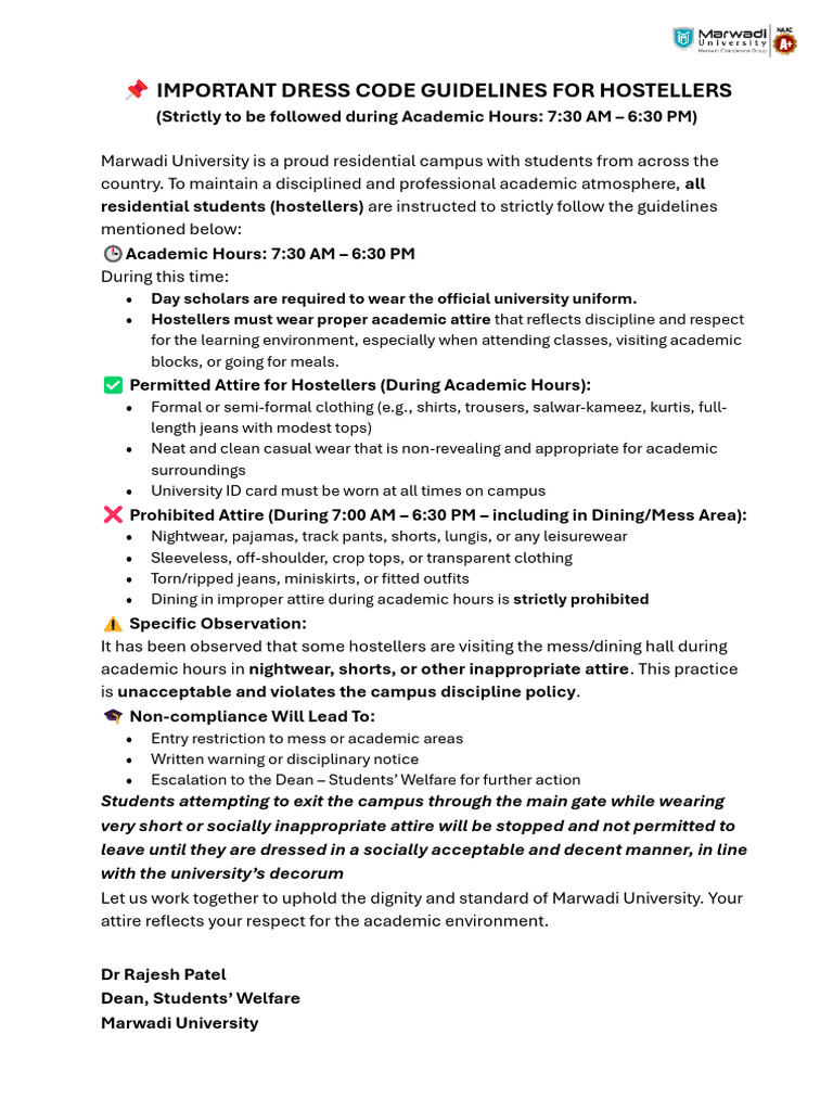 Dress Code Guidelines For Hostellers | PDF