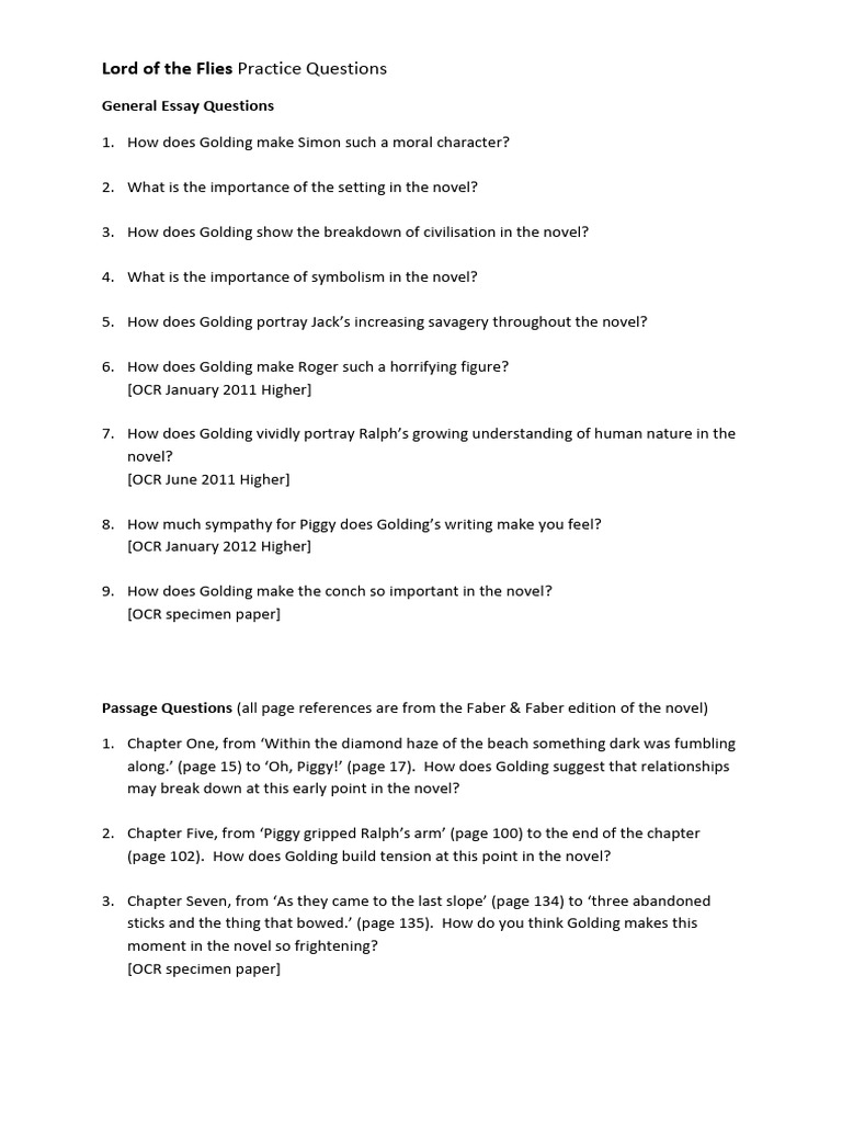 Lord of The Flies Essay Questions | PDF