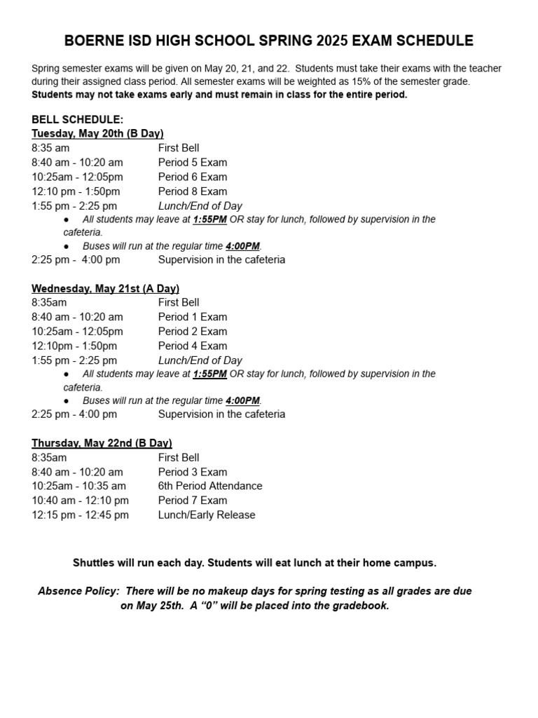 BHS Spring 2025 Semester Exam Schedule | PDF