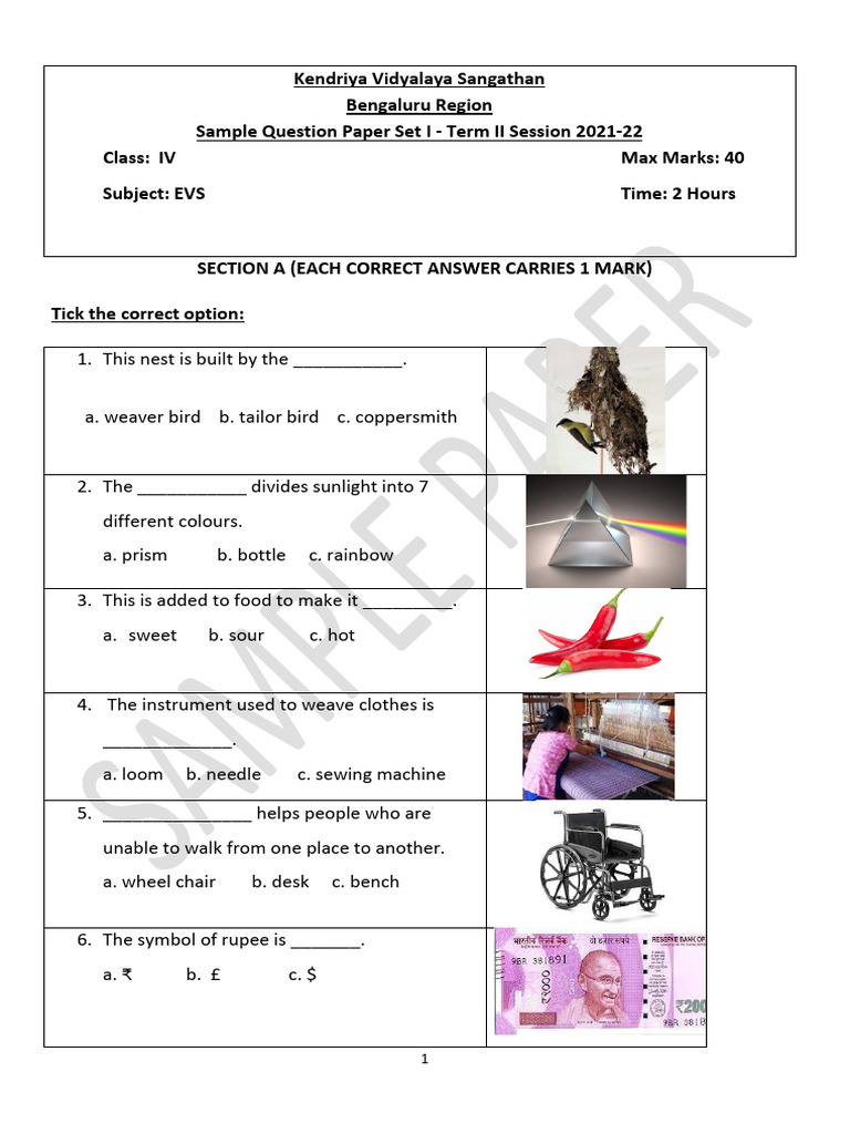 Class 4 EVS Sample Question Paper | PDF | Food And Drink | Foods