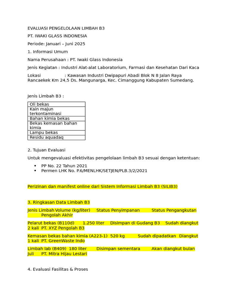 Contoh Evaluasi Pengelolaan Limbah b3 | PDF