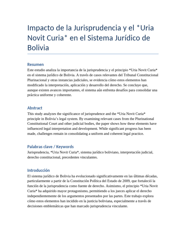 Impacto Jurisprudencia Uria Novit Curia Bolivia | PDF | Caso de ley | Juez