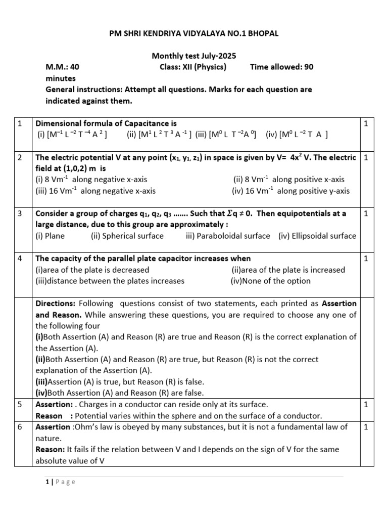 pt1 physics-XII - JULY-2025 | PDF | Capacitor | Electrical Resistivity And Conductivity