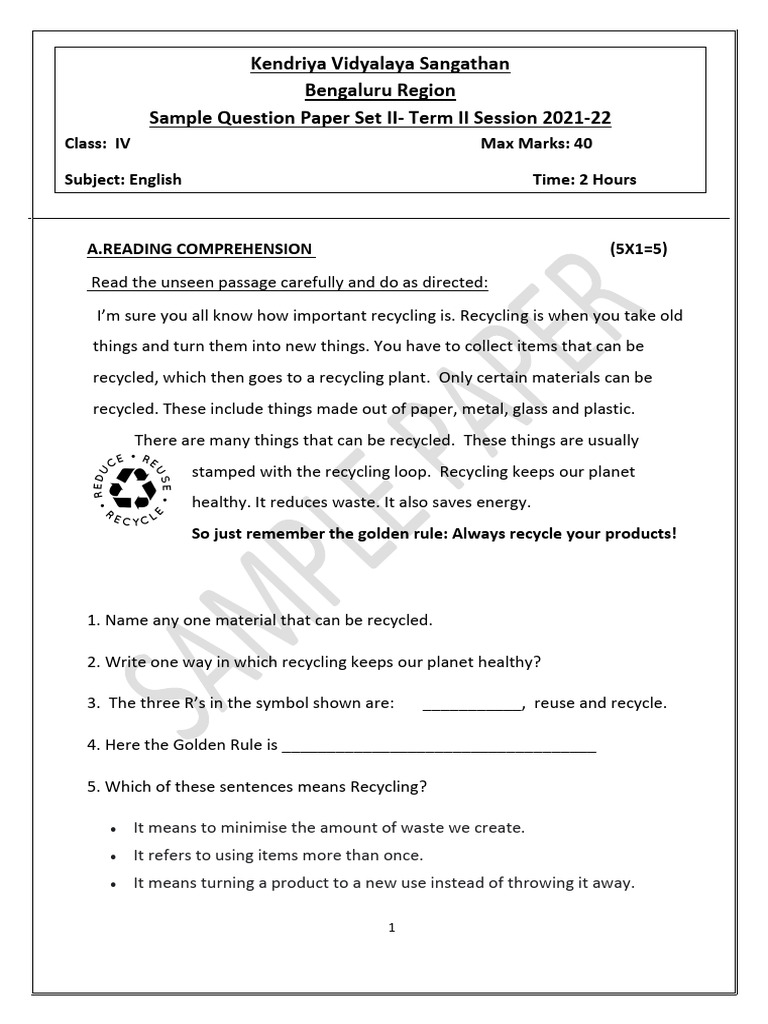Class IV English Sample Paper Set-II 2021-2022 | PDF | Recycling ...