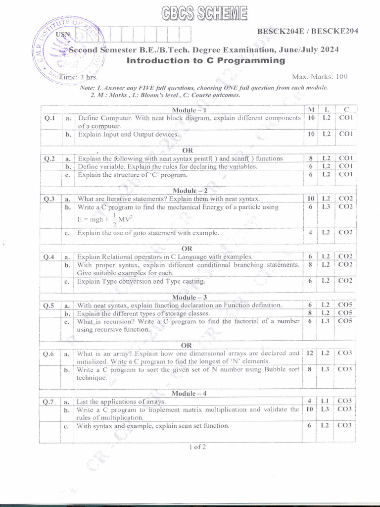 VTU Question Paper of BESCK204E - BESCKE204 Introduction To C ...