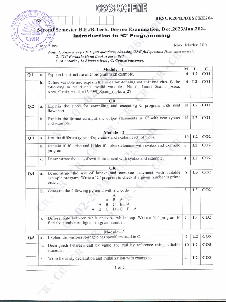 VTU Question Paper of BESCK204E | PDF
