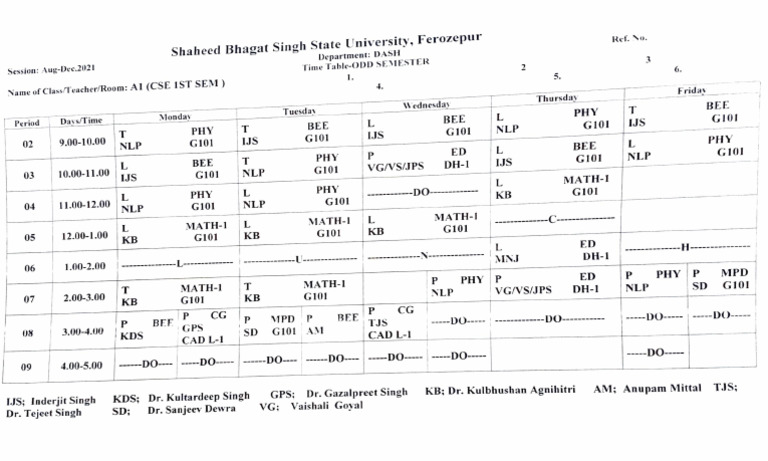CSE 1st Semester ODD SEM Time Table | PDF