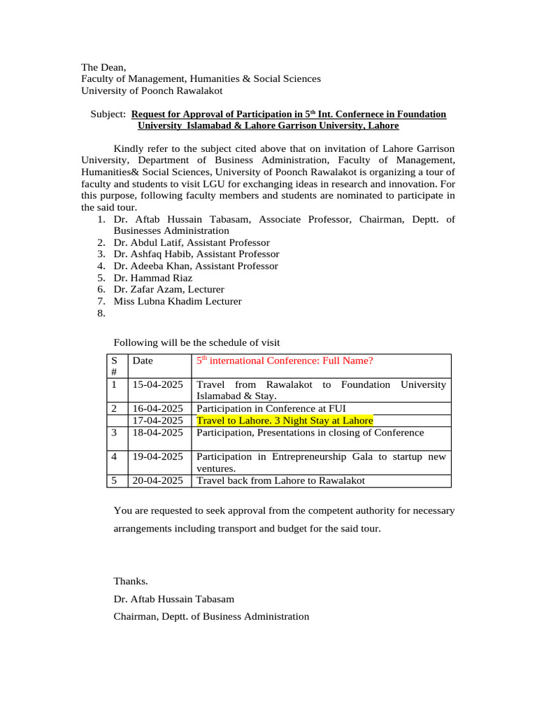 Tour Plan Lahore Garrison University Visit | PDF