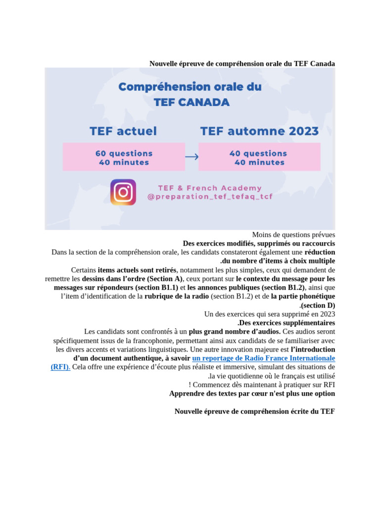 Nouvelle épreuve TEF Canada 2023 | PDF