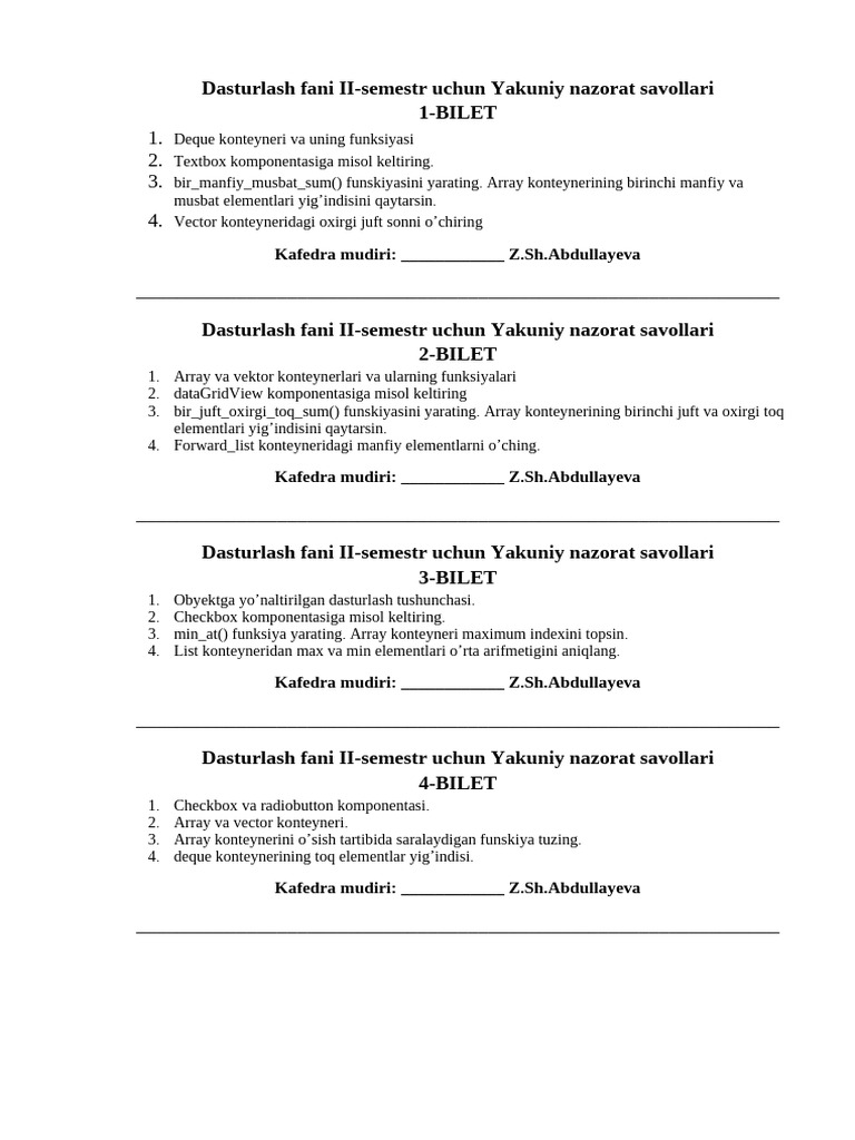 Yakuniy Biletlar B 2 Semestr Sirtqi | PDF