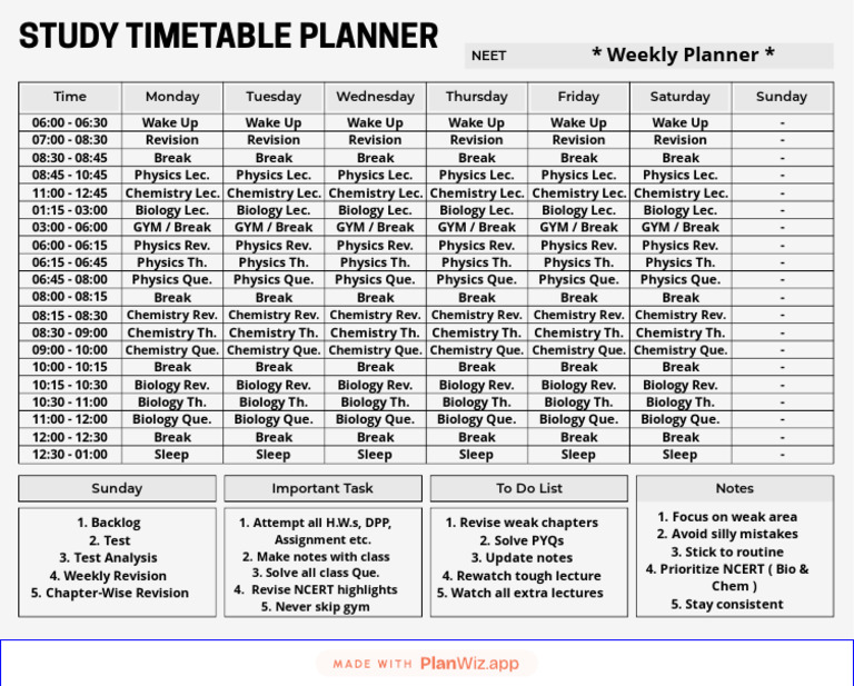 PlanWiz Weekly Study Timetable Progress Planner 2 | PDF