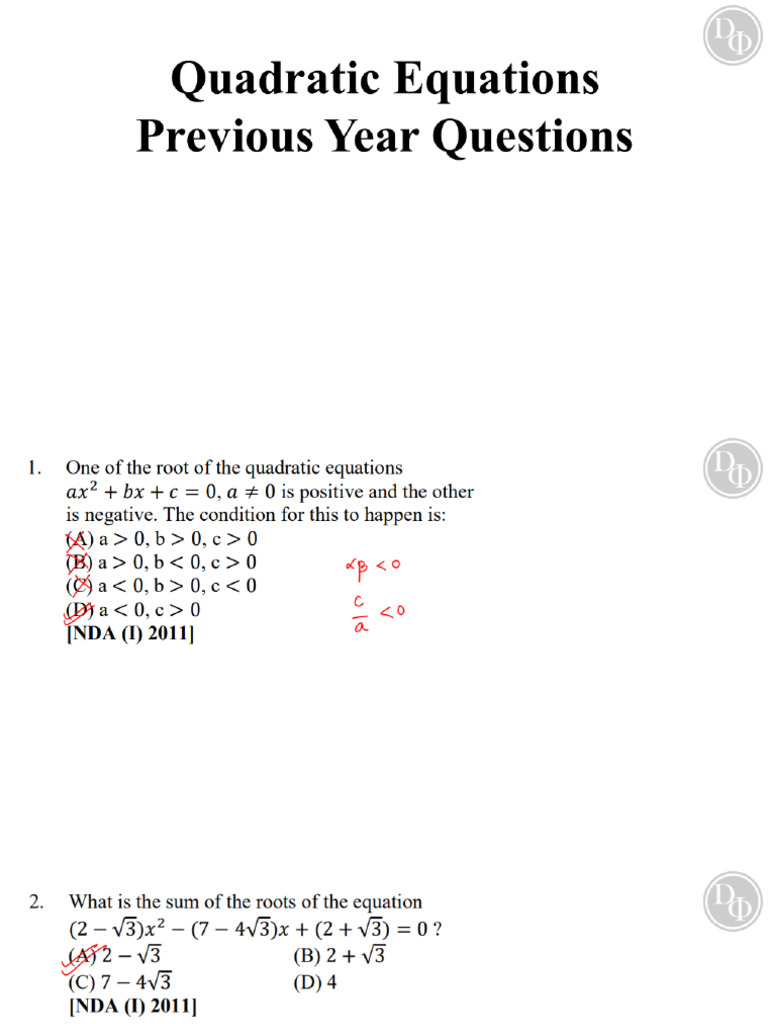 Quadratic Equations PYQs With Solutions | PDF