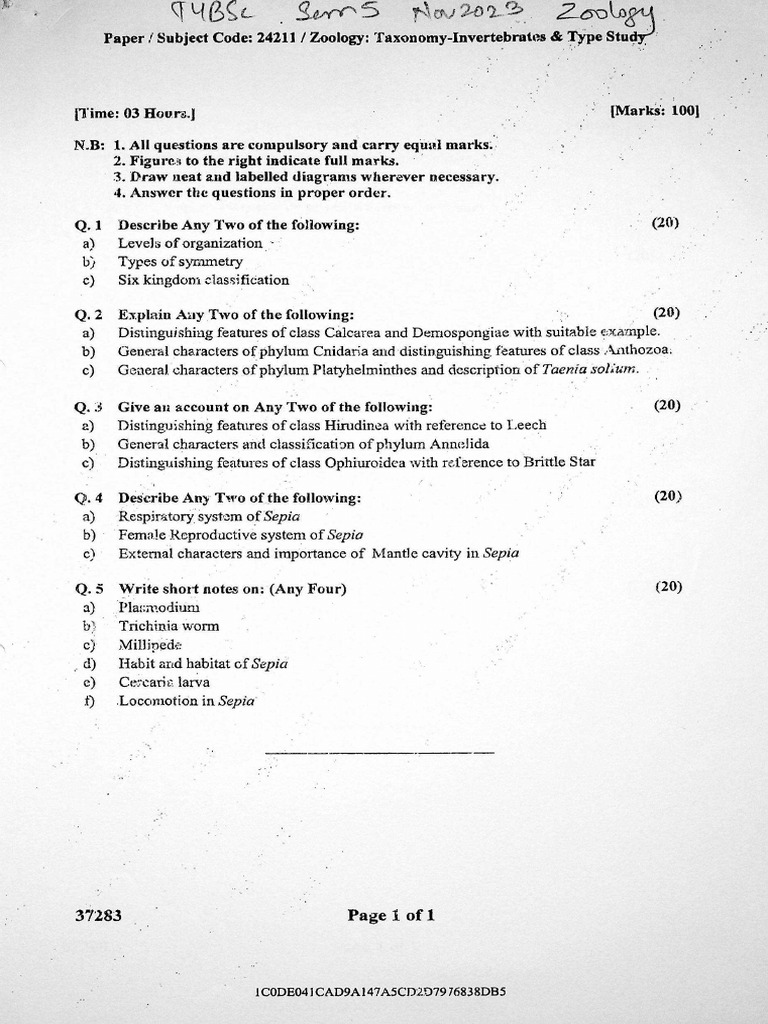 Tybsc Zoology Sem 5 Nov 2023 | PDF