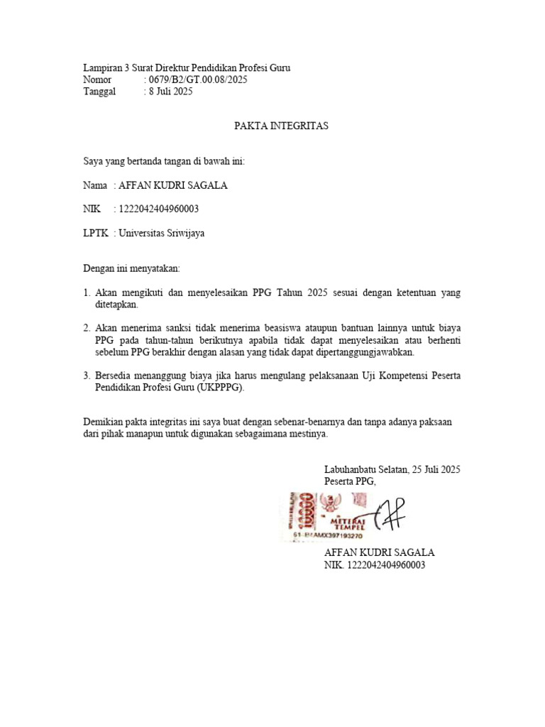 Pakta Integritas Affan | PDF