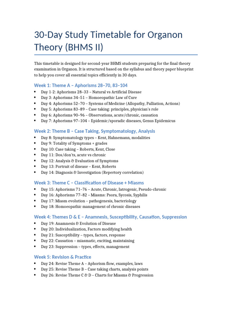 Organon 30 Day Theory Timetable | PDF