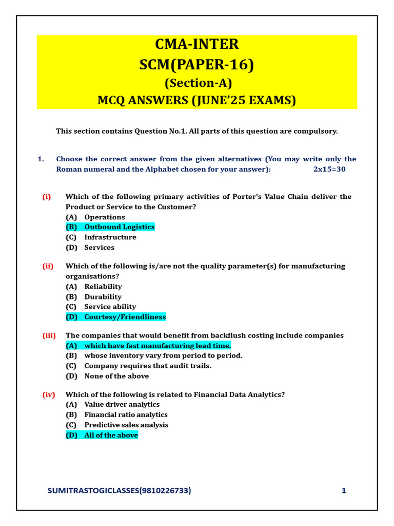 CMA Inter SCM Paper-16 MCQ Answers | PDF | Business Economics