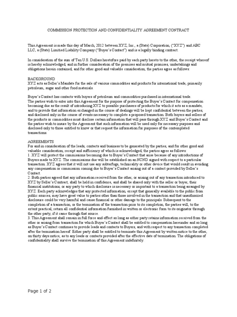 Commission Protection Agreement Template | PDF | Financial Transaction ...