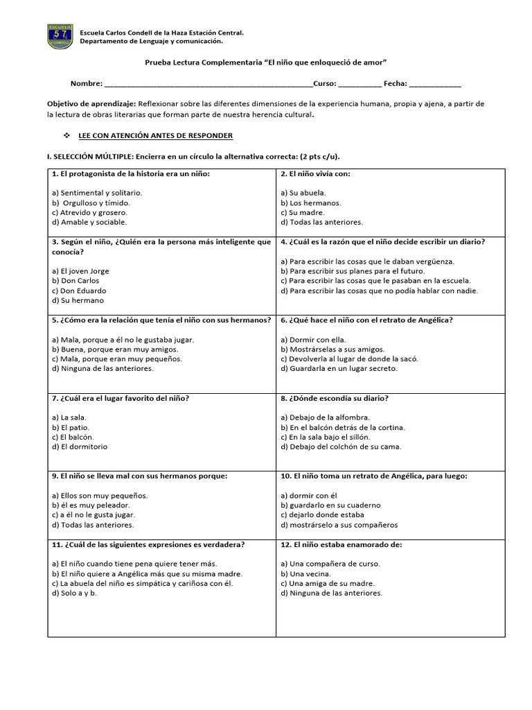 El Niño Que Enloqueció de Amor - Evaluación | PDF