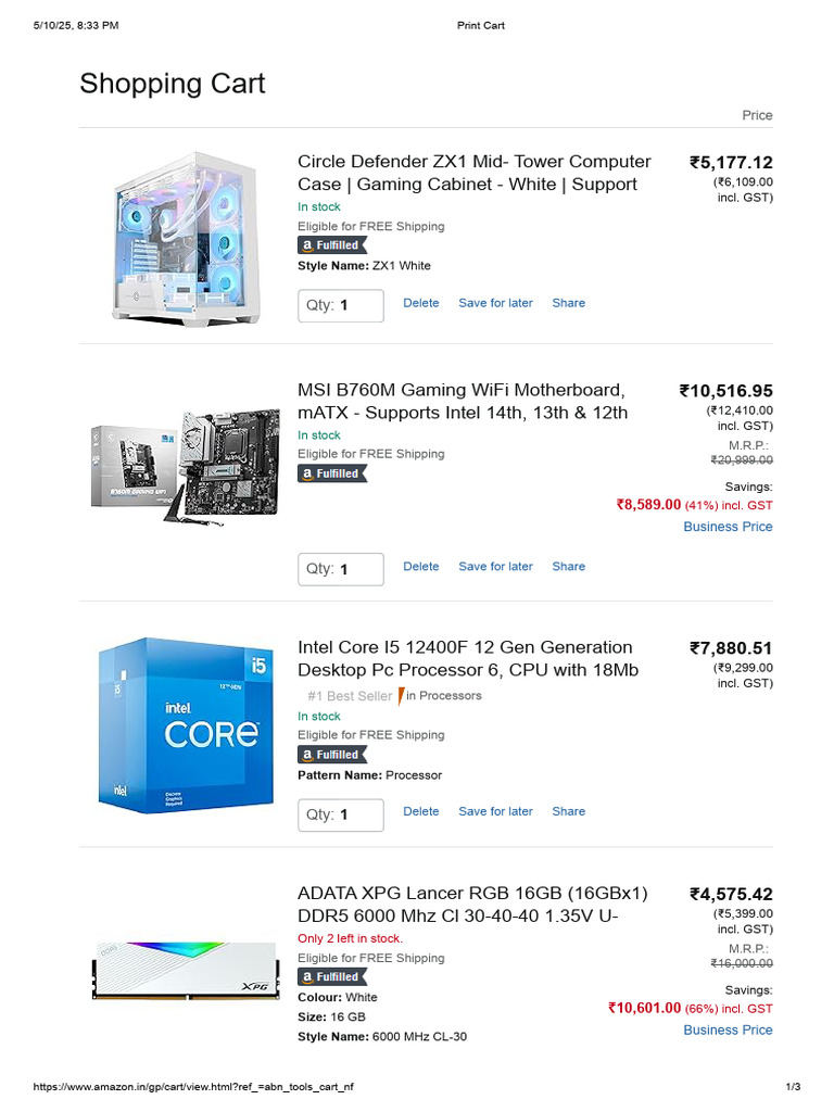 Amazon - in Shopping Cart | PDF | Computer Hardware | Computer Architecture