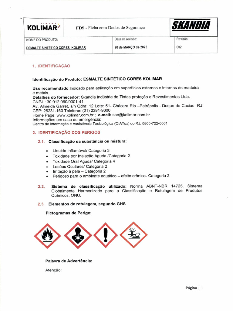 Fds - Esmalte Sintetico Cores Kolimar | PDF | Incêndios | Queimadura