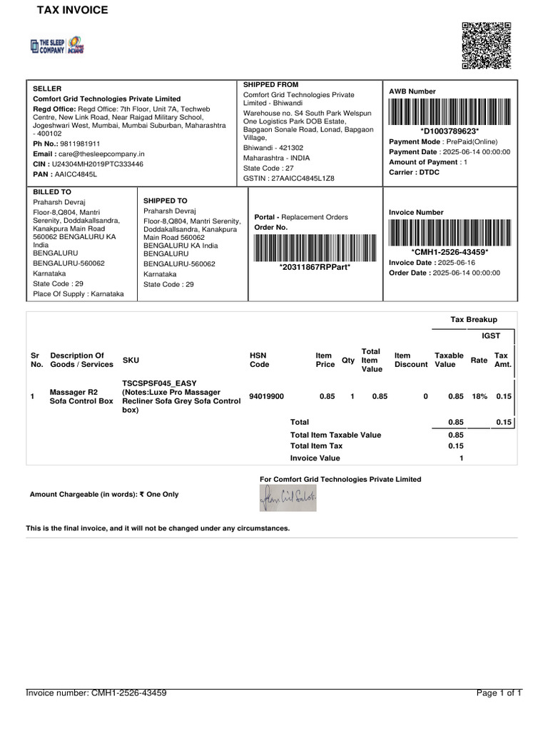 Page 1 of 1 Invoice Number: CMH1-2526-43459 | PDF | Invoice | Taxation
