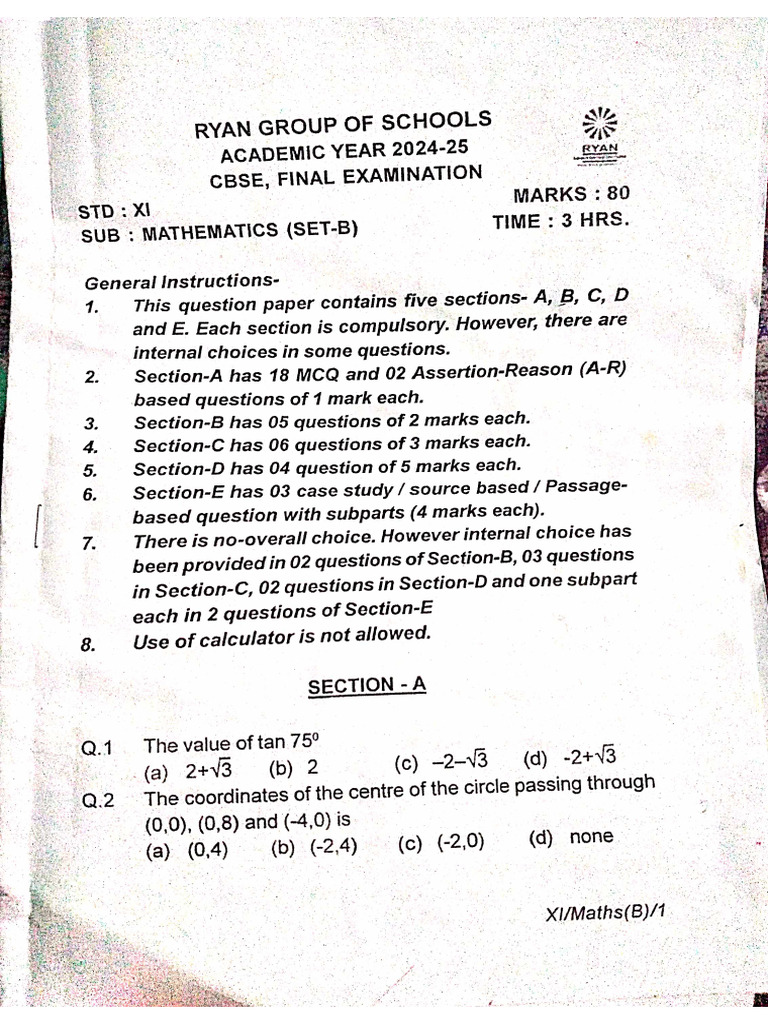 Maths Questions Paper SET B | PDF