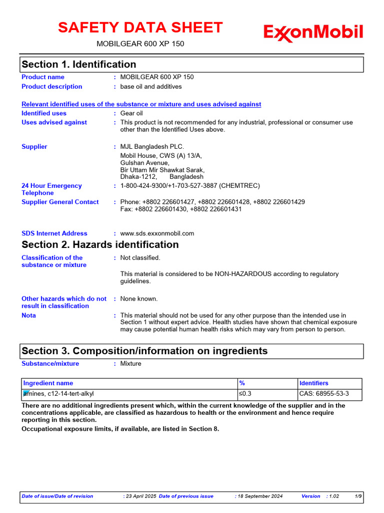 Mobilgear 600 XP 150 (MSDS) | PDF | Firefighting | Firefighter