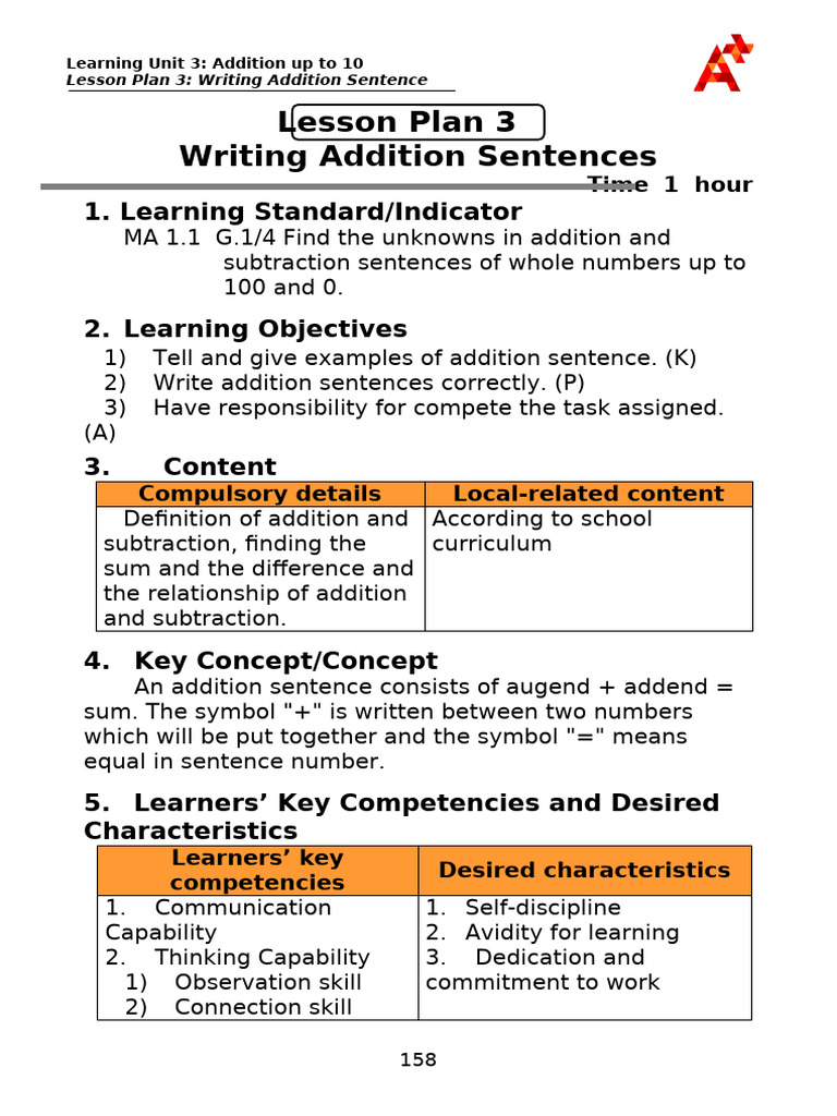 Lesson Plan 3-3 Writing Addition Sentence | PDF | Lesson Plan | Learning