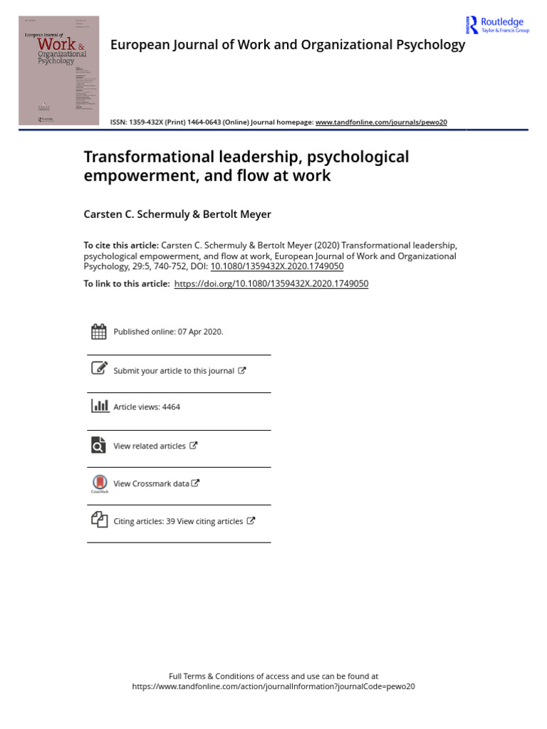 Transformational Leadership Psychological Empowerment and Flow at Work | PDF | Flow (Psychology ...